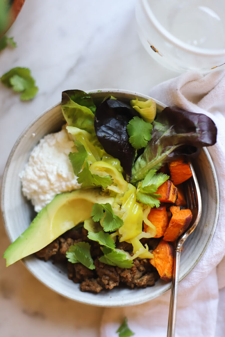 Ground Beef and Sweet Potato Bowl with Cottage Cheese